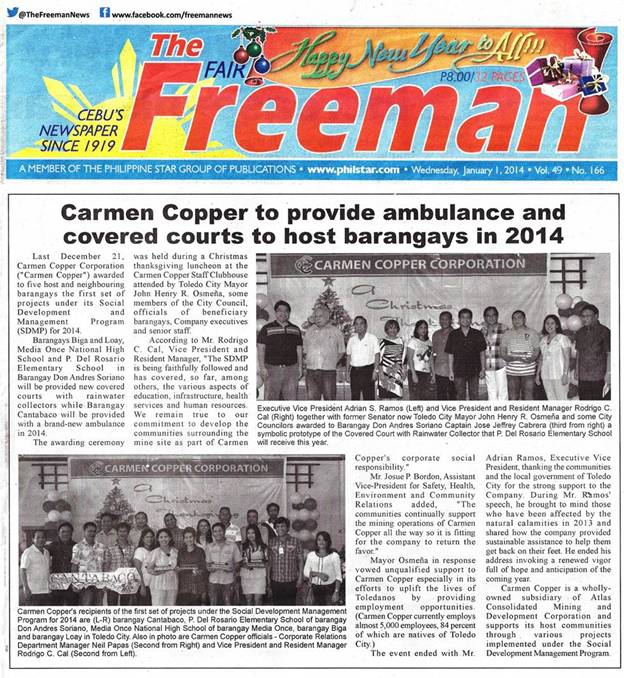 Carmen Copper to provide ambulance and covered courts to host barangays ...