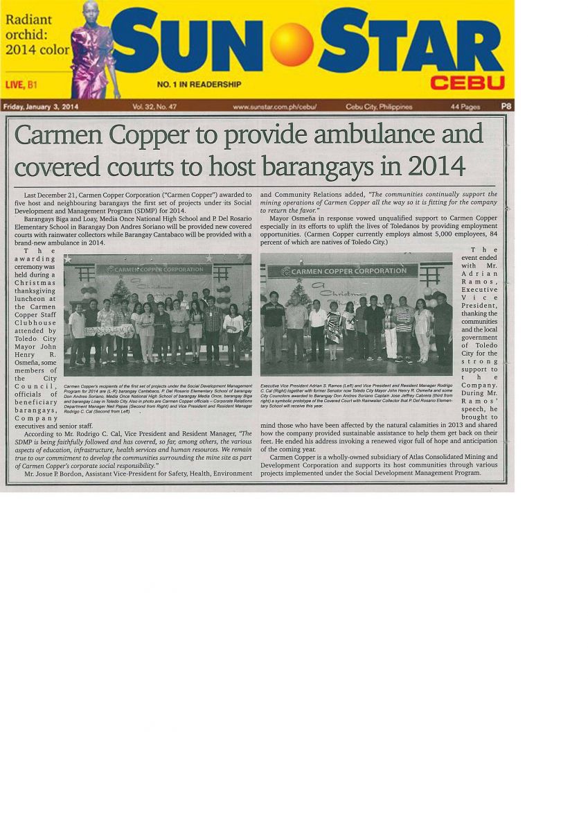 Carmen Copper to provide ambulance and covered courts to host barangays ...